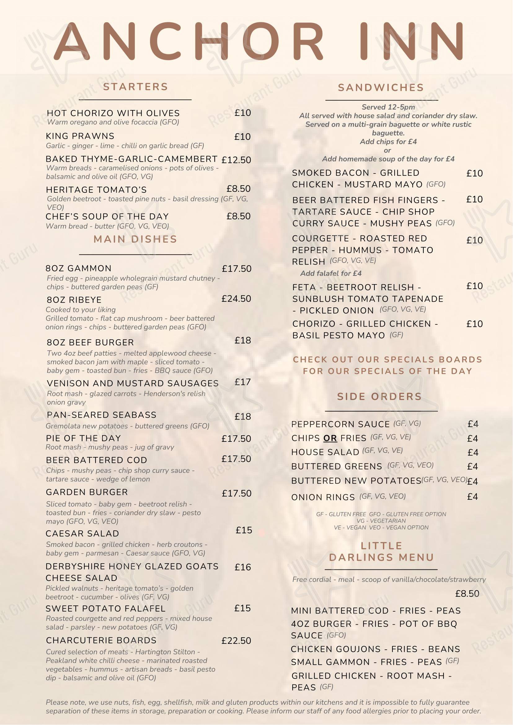 Menu at The Anchor Inn pub & bar, Tideswell