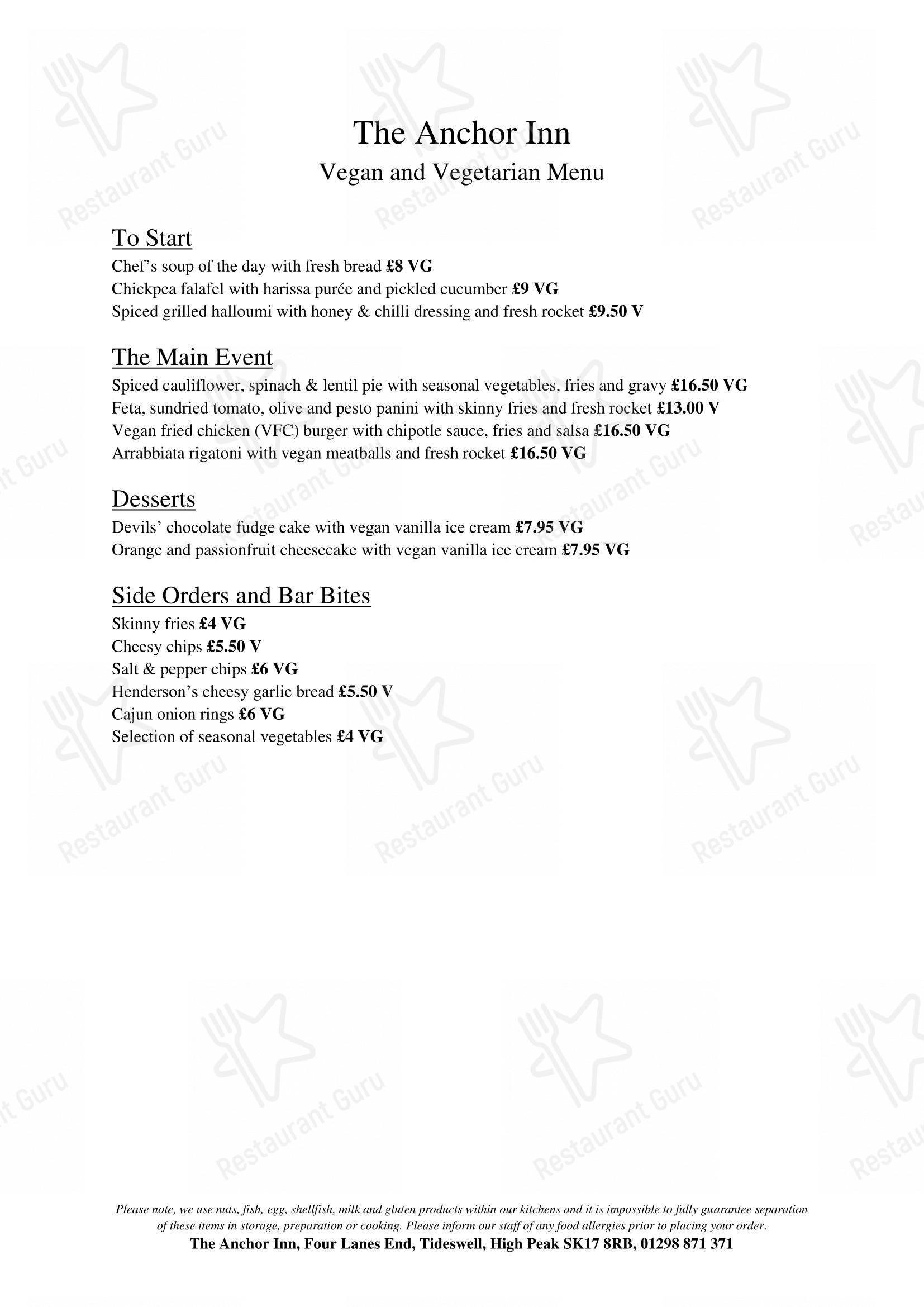 Menu at The Anchor Inn pub & bar, Tideswell