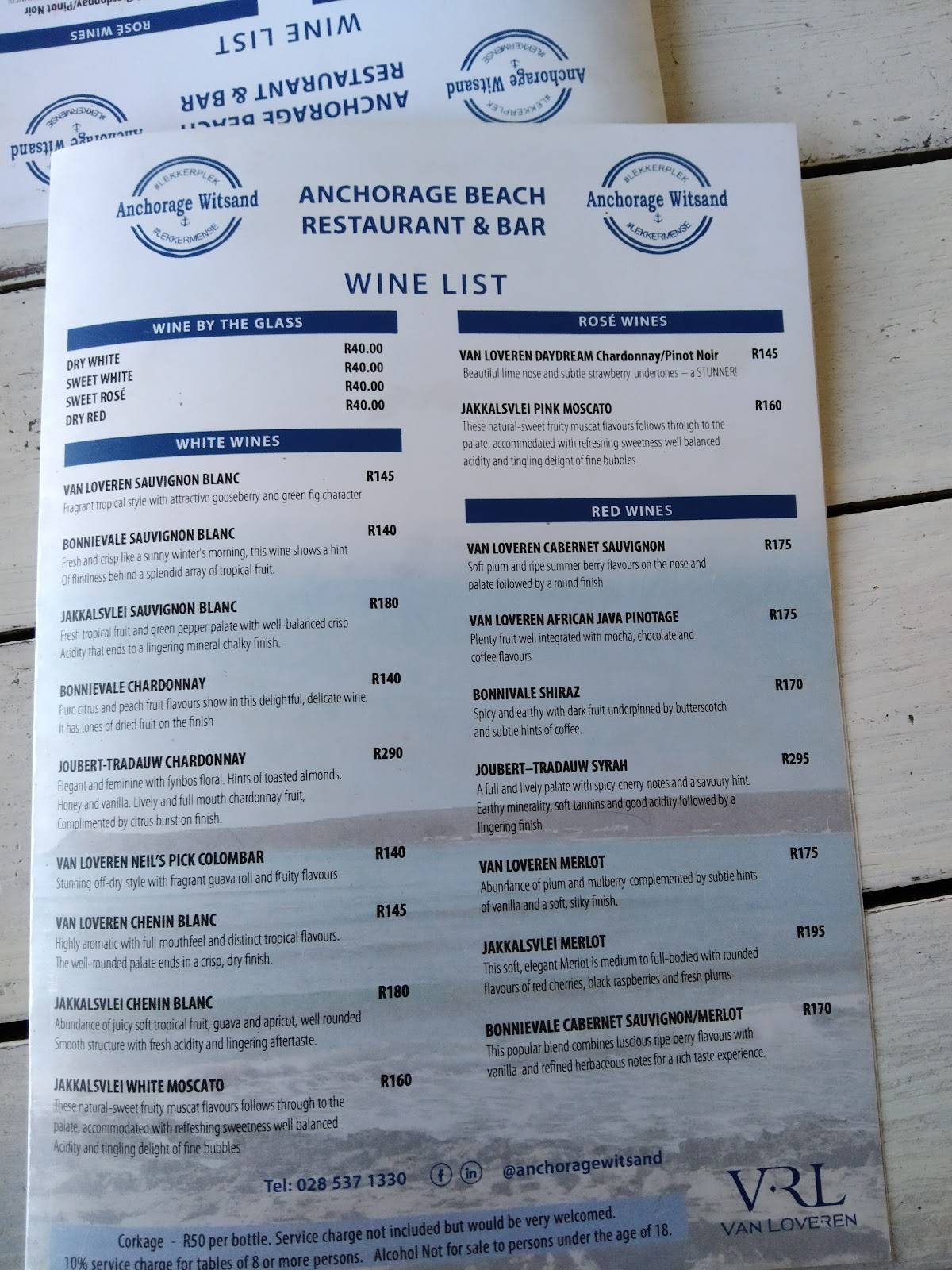 Menu at The Anchorage Beach Restaurant & Bar, Witsand