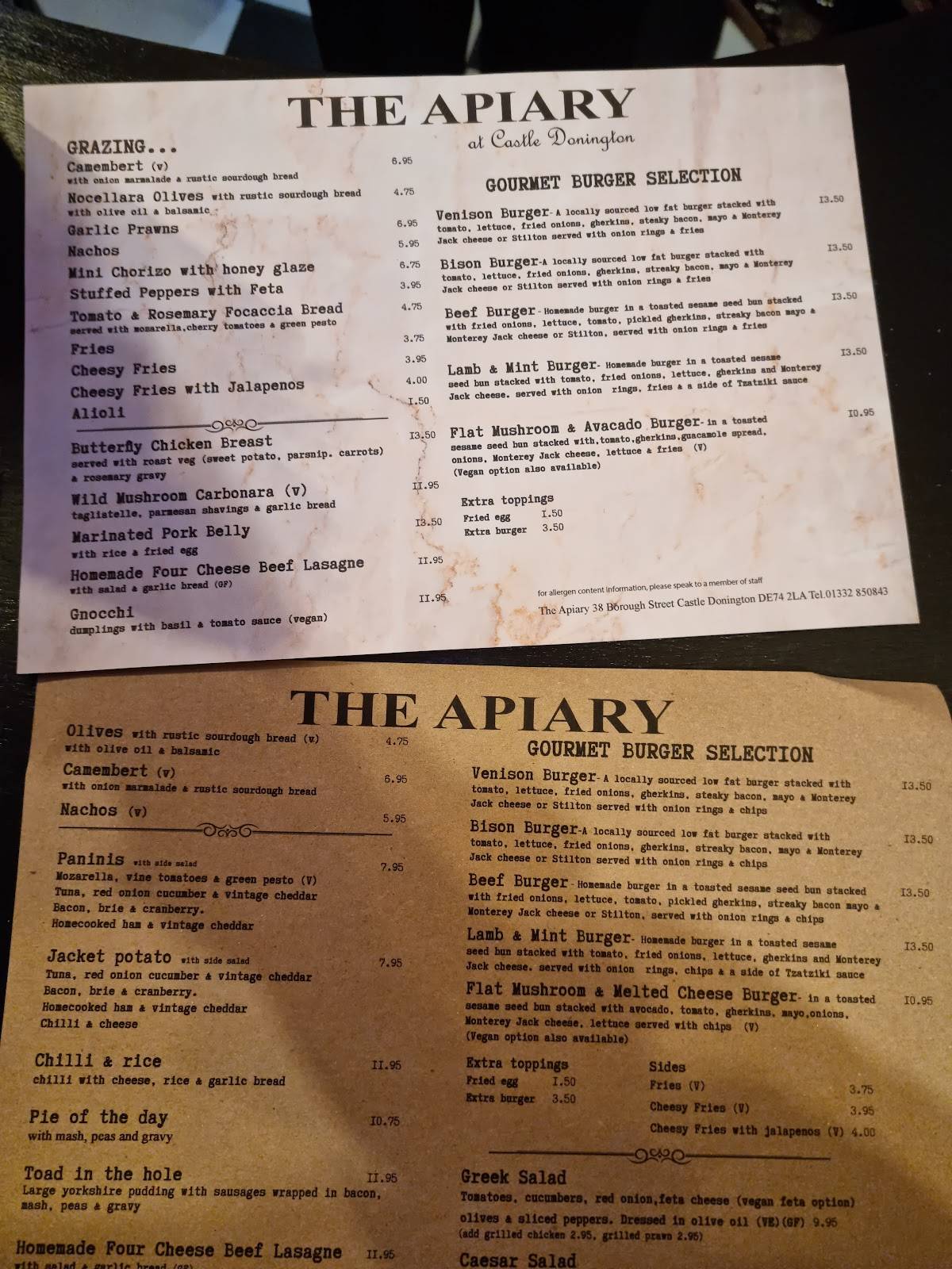 Menu at The Apiary at Castle Donington cafe, Castle Donington
