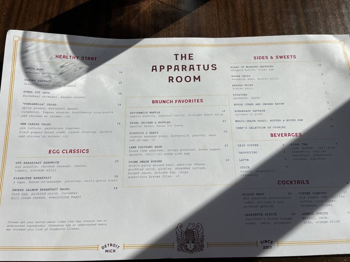 Menu at The Apparatus Room pub & bar, Detroit
