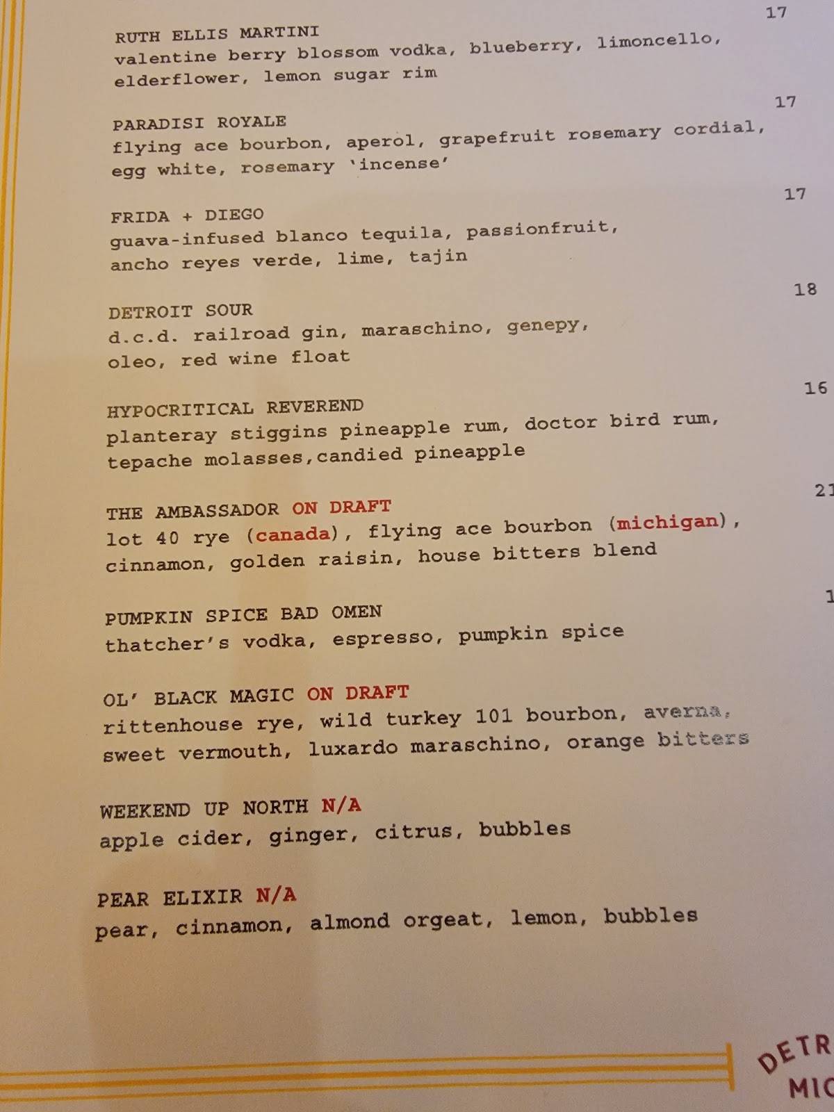 Menu at The Apparatus Room pub & bar, Detroit