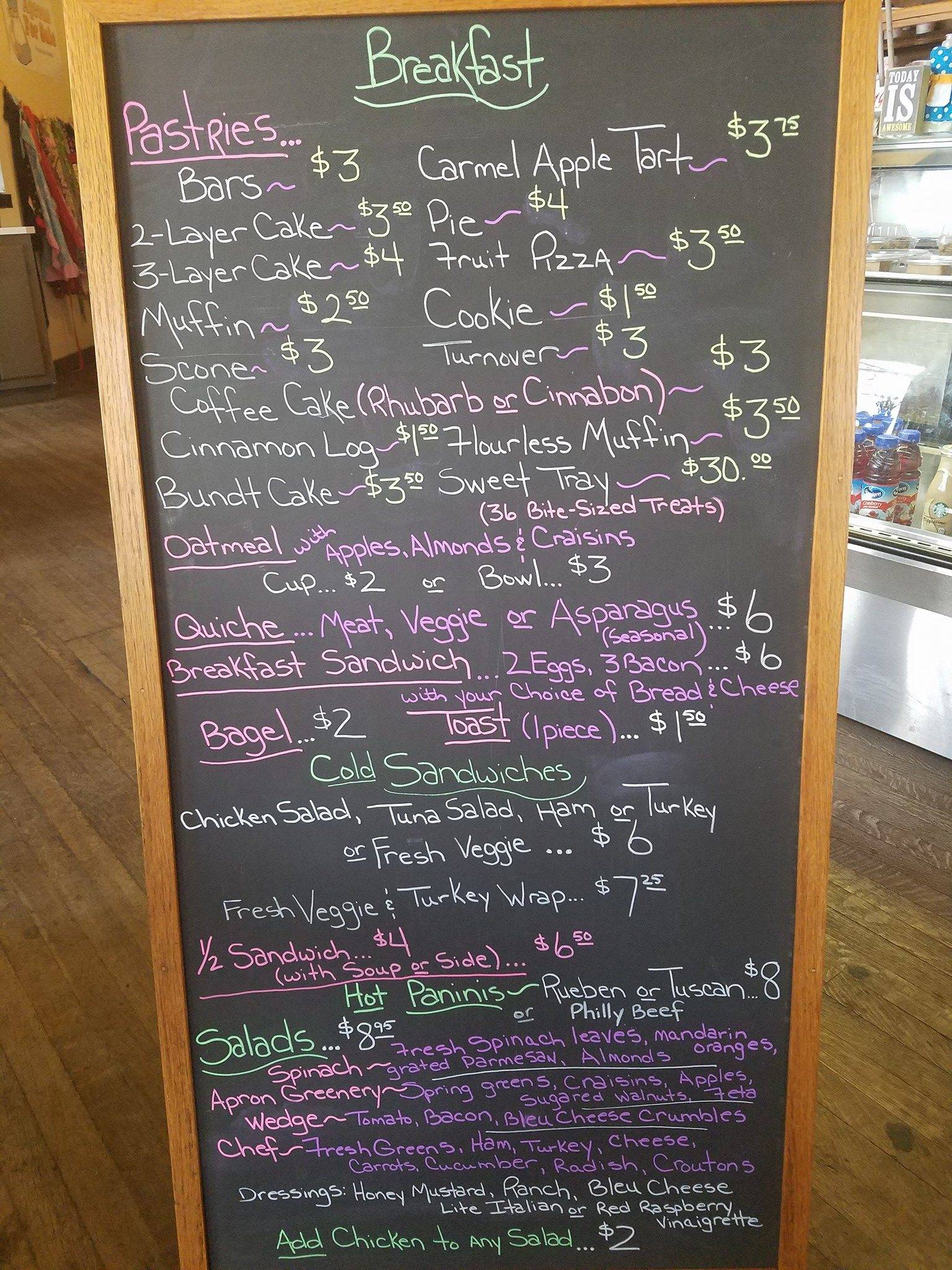 Menu at The Apron Bake Shoppe and Cafe, Nauvoo