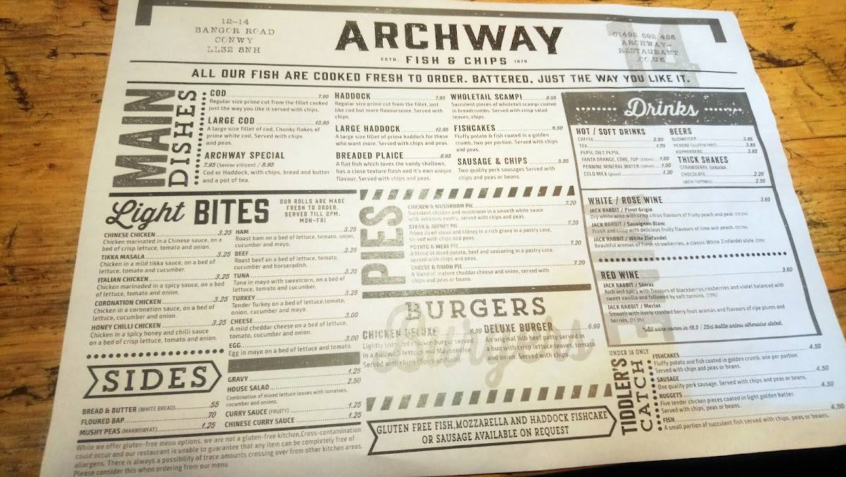 Menu at The Archway fast food, Conwy