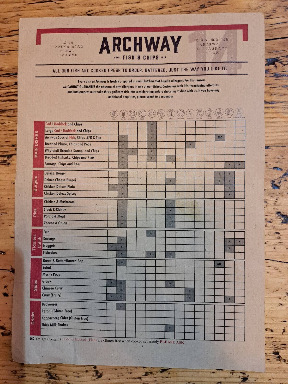 Menu at The Archway fast food, Conwy