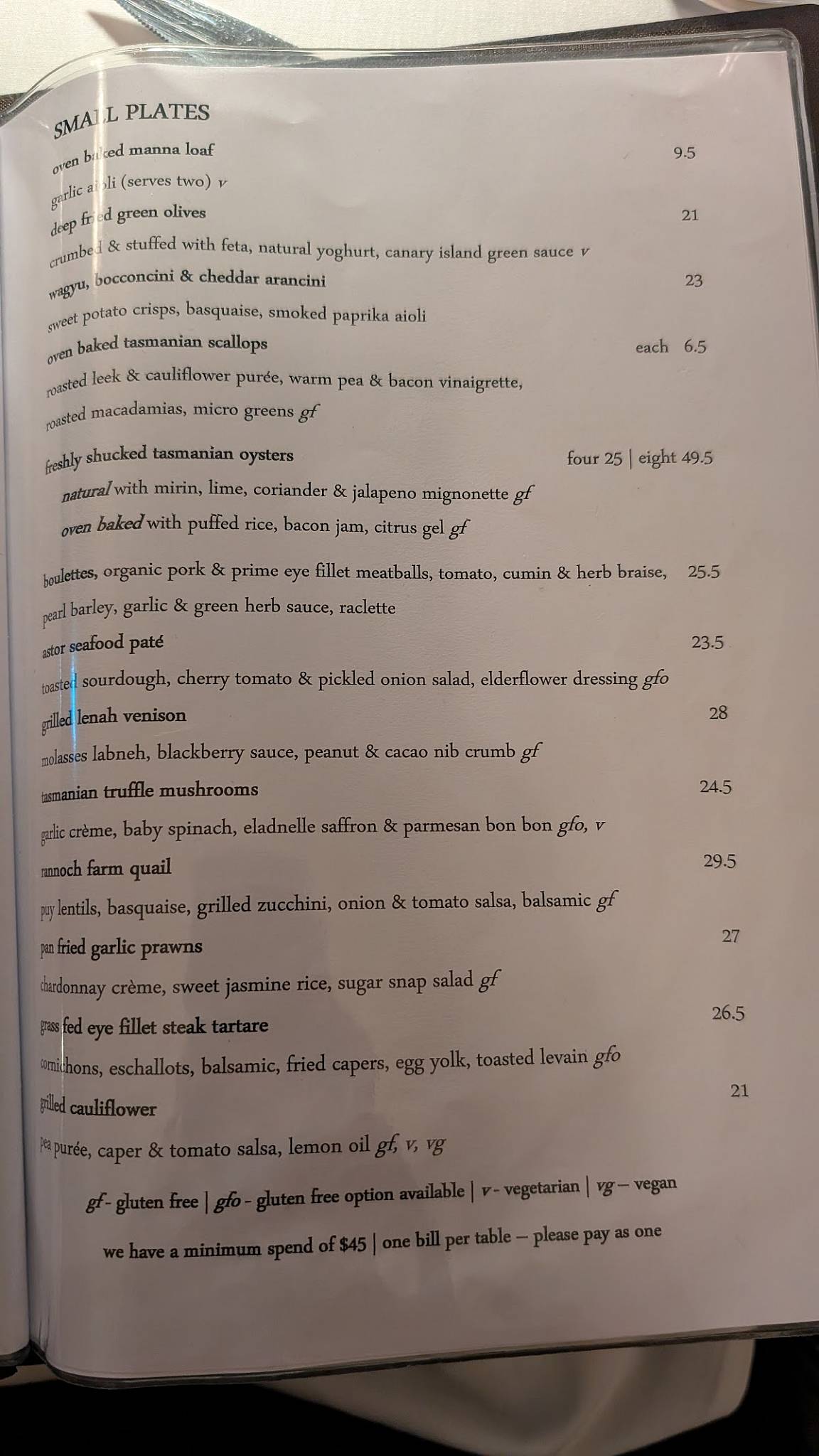 Menu at The Astor Grill steakhouse, Hobart