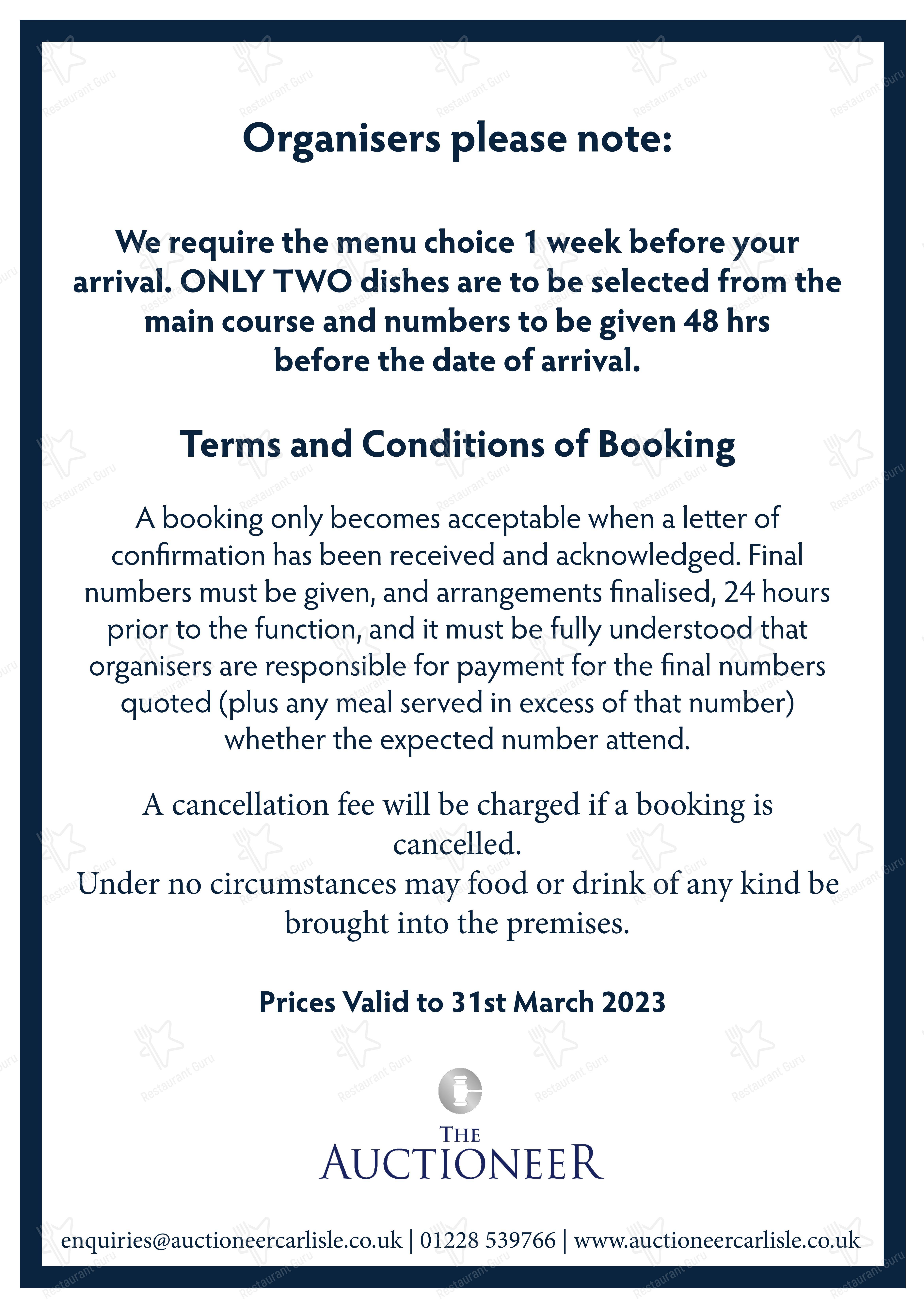 Menu at The Auctioneer restaurant, Carlisle