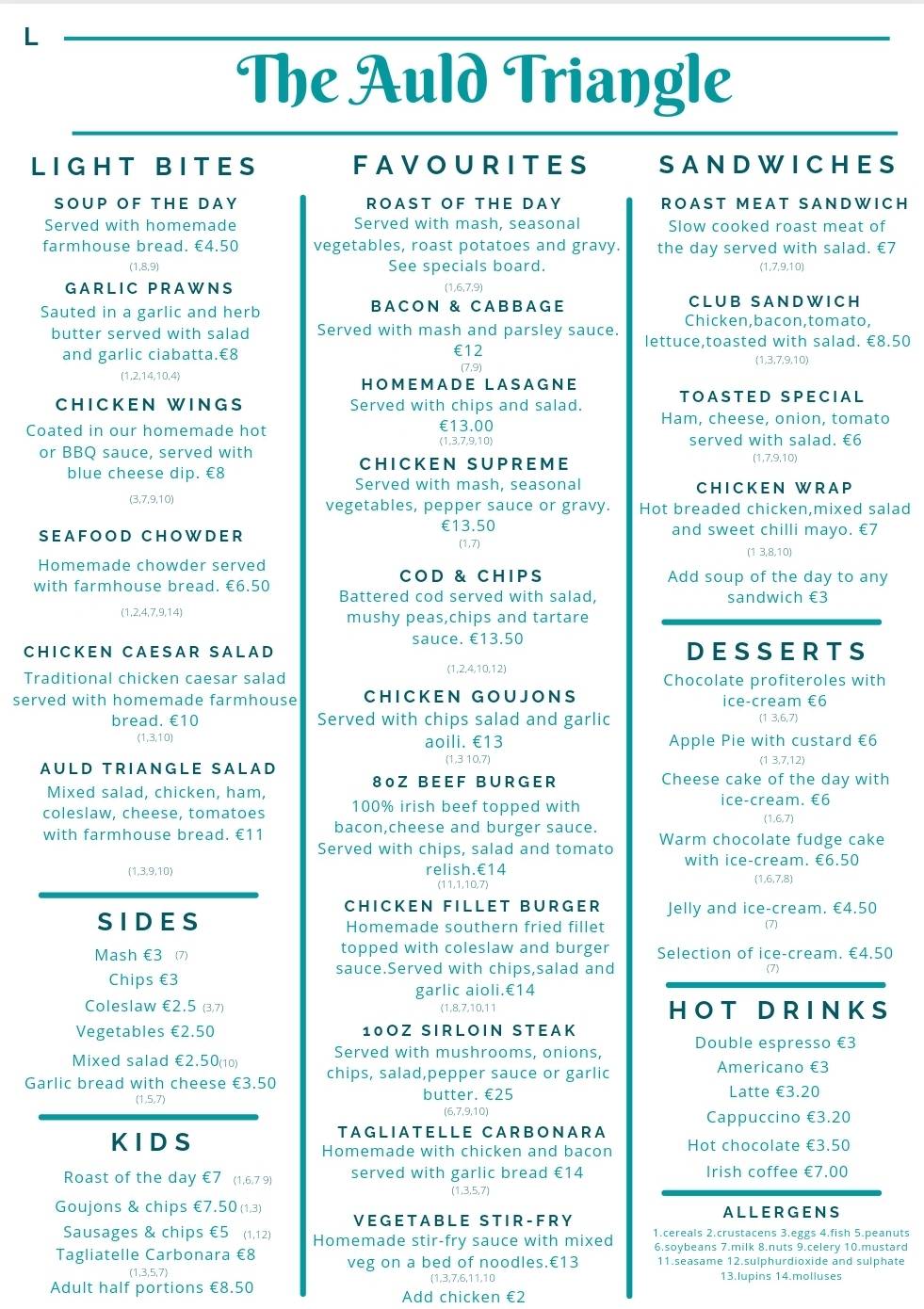Menu at The Auld Triangle pub & bar, Loughrea