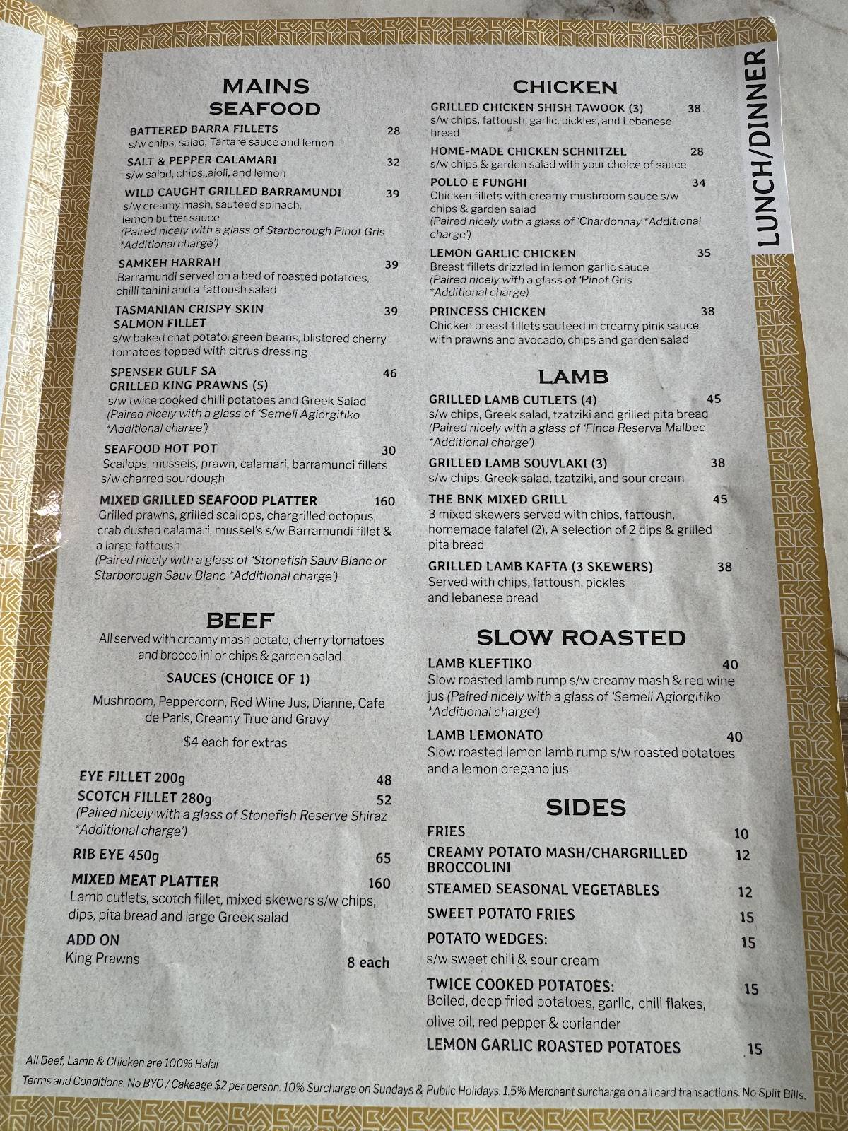 Carta de The BNK Cafe Restaurant, Moorebank