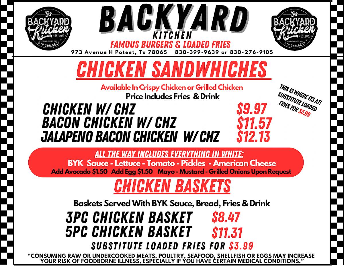 Menu at The Backyard Kitchen restaurant, Poteet