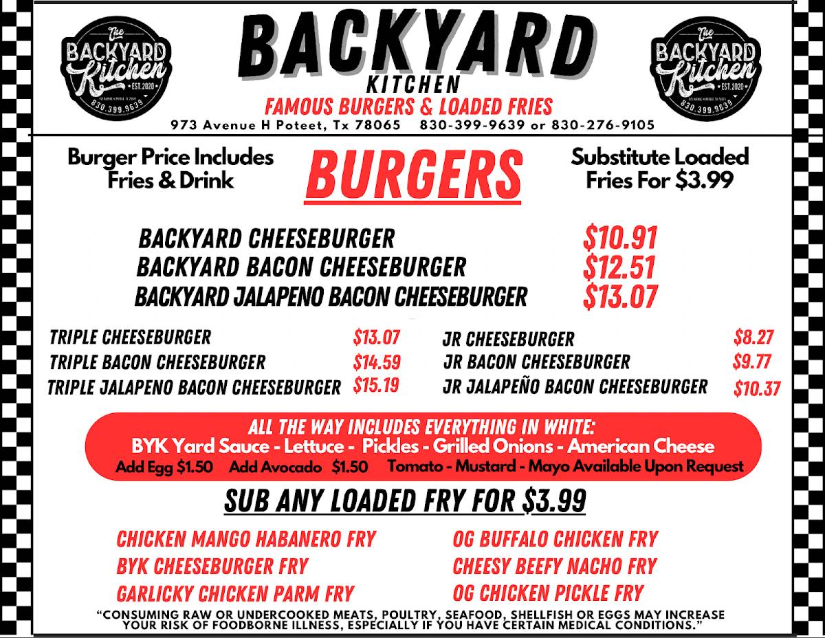 Menu at The Backyard Kitchen restaurant, Poteet