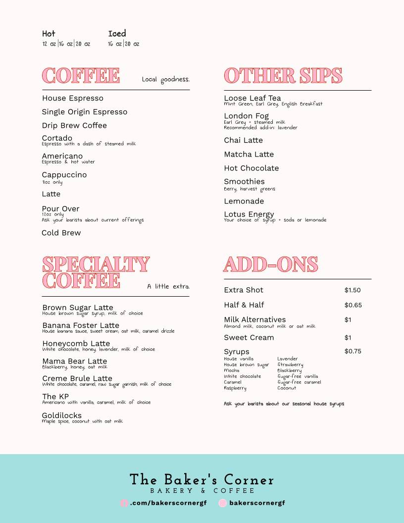 Menu at The Baker's Corner, LLC, Hernando