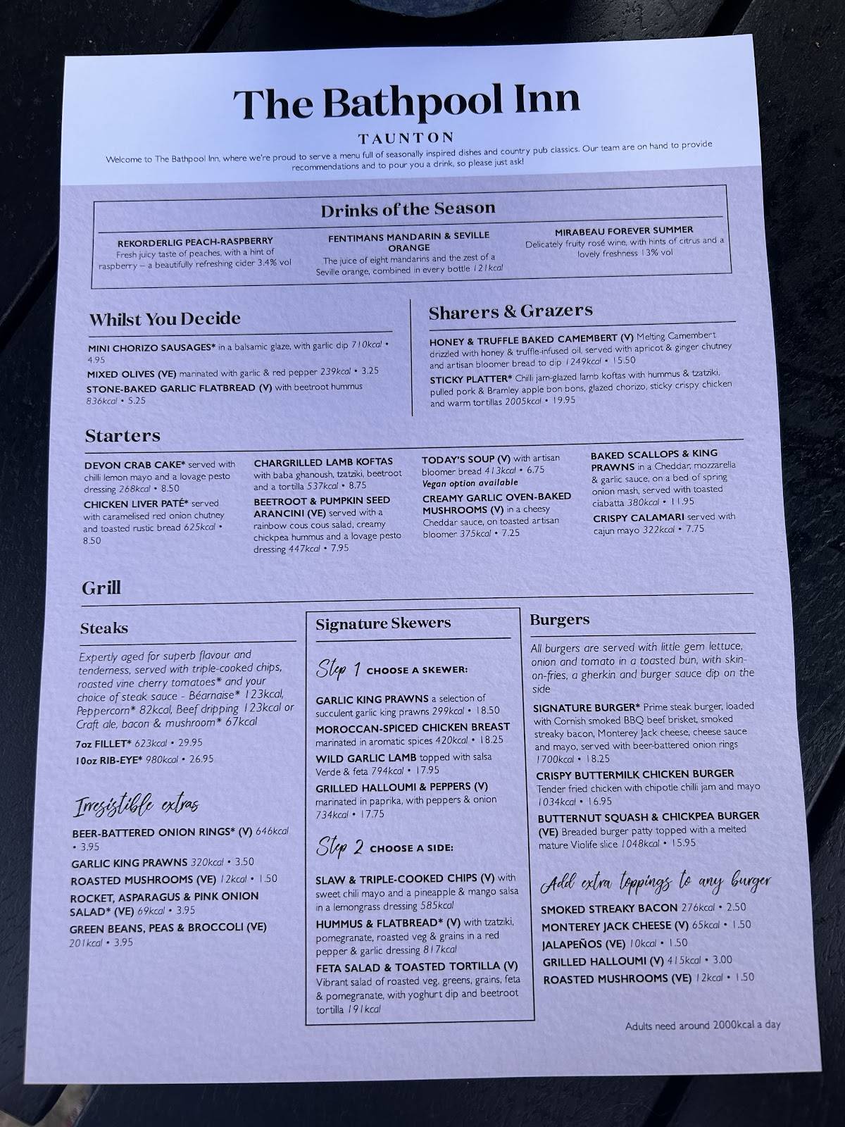 Menu at The Bathpool Inn pub & bar, Taunton