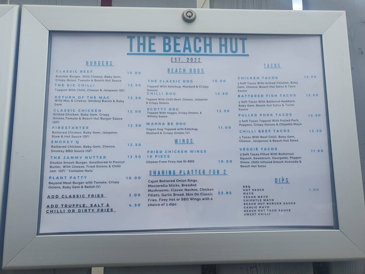 Menu at The Beach Hut cafe, Lossiemouth