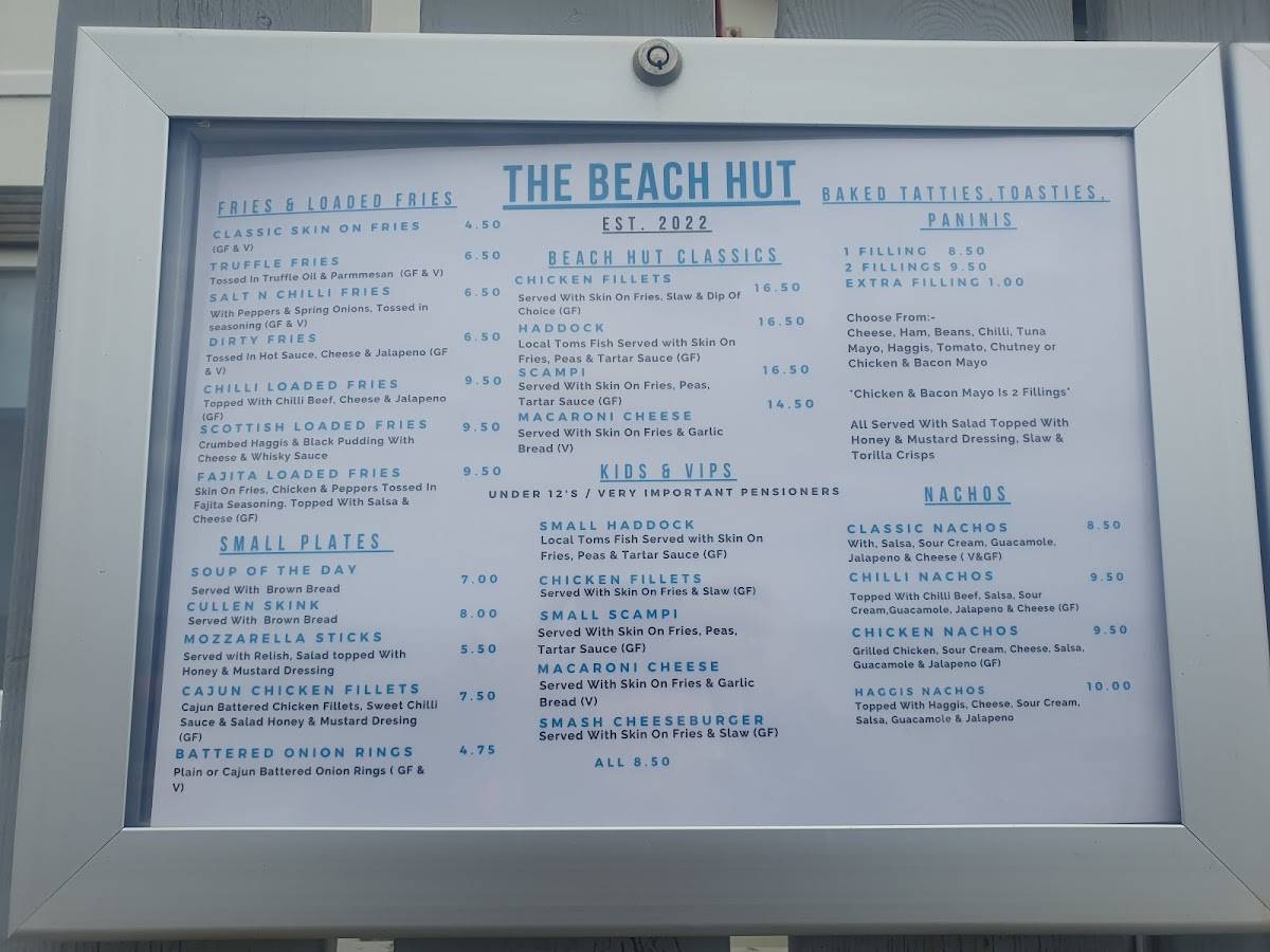 Menu at The Beach Hut cafe, Lossiemouth