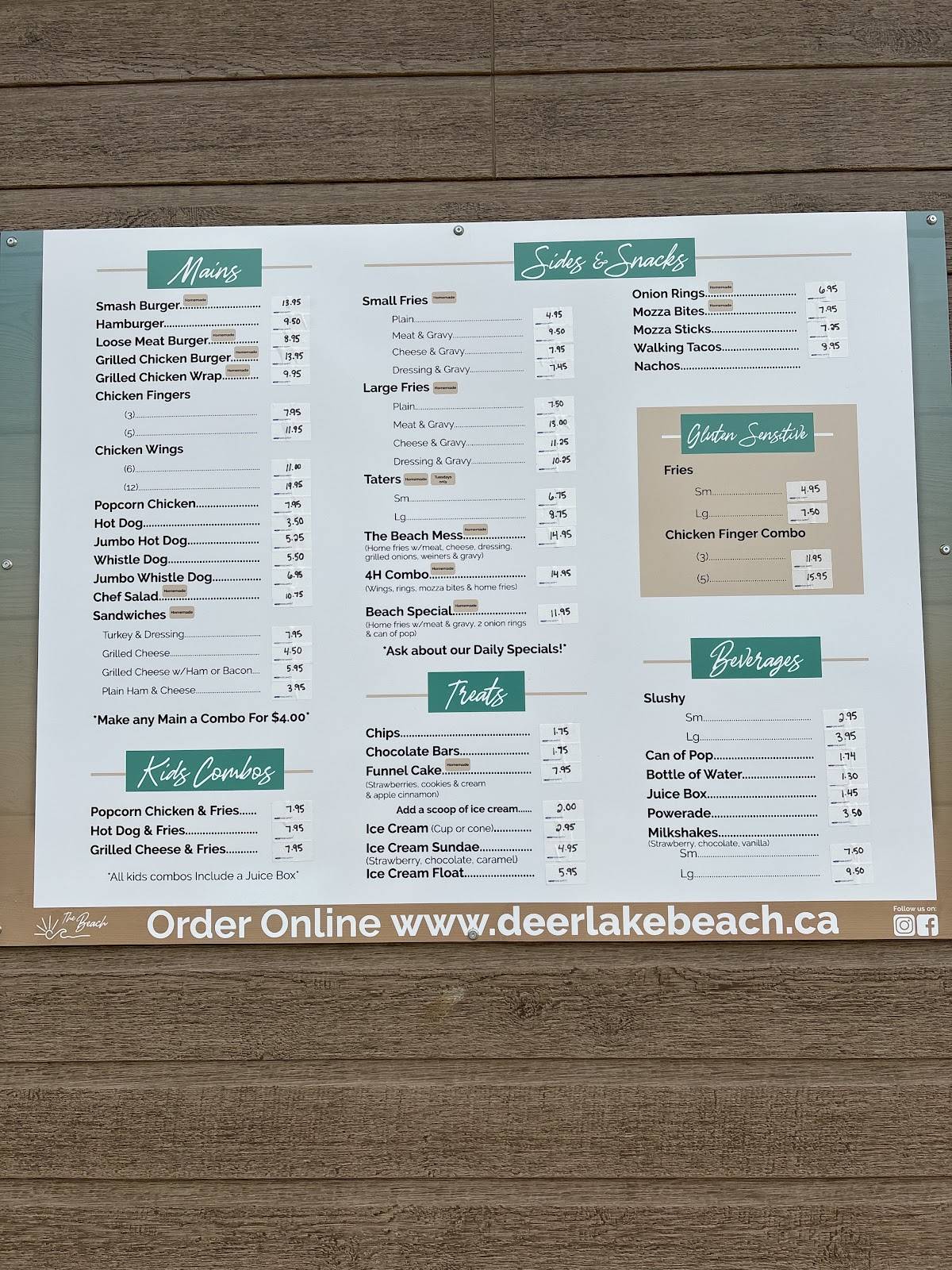 Menu at The Beach restaurant, Deer Lake