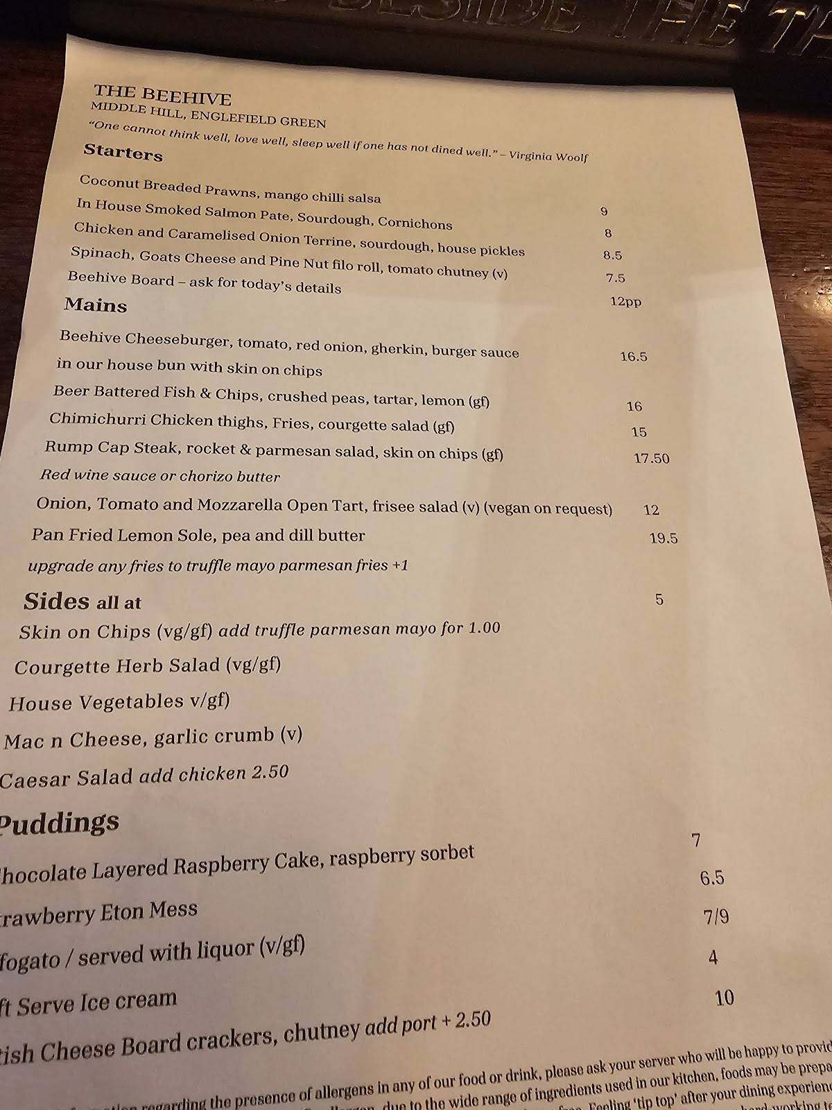Menu at The Beehive, Egham pub & bar, Egham