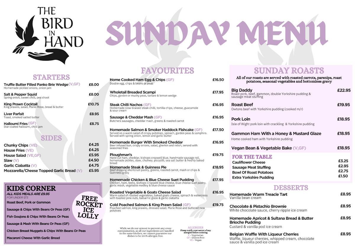 Menu at The Bird in Hand pub & bar, Waterlooville