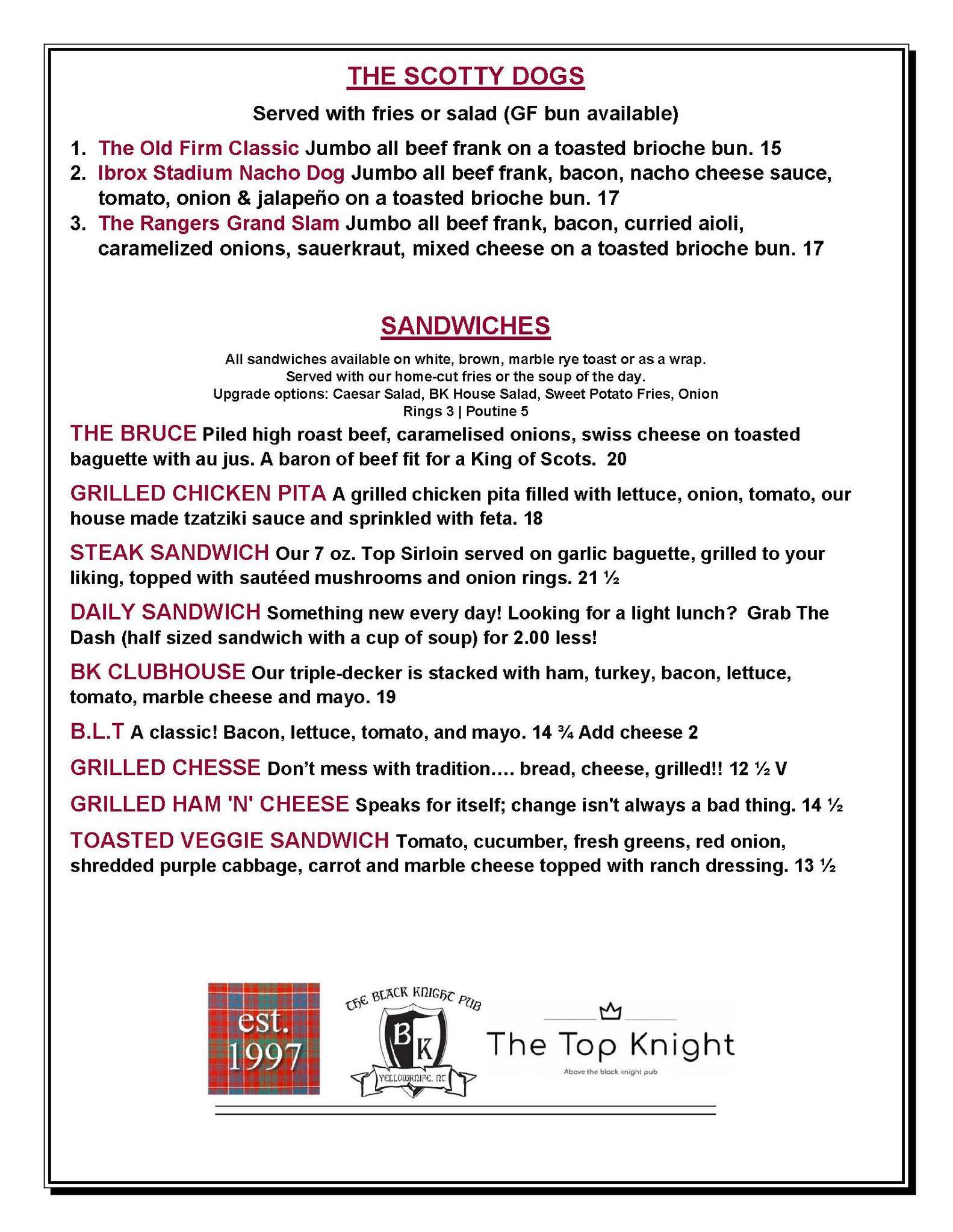 Menu at The Black Knight Pub, Yellowknife