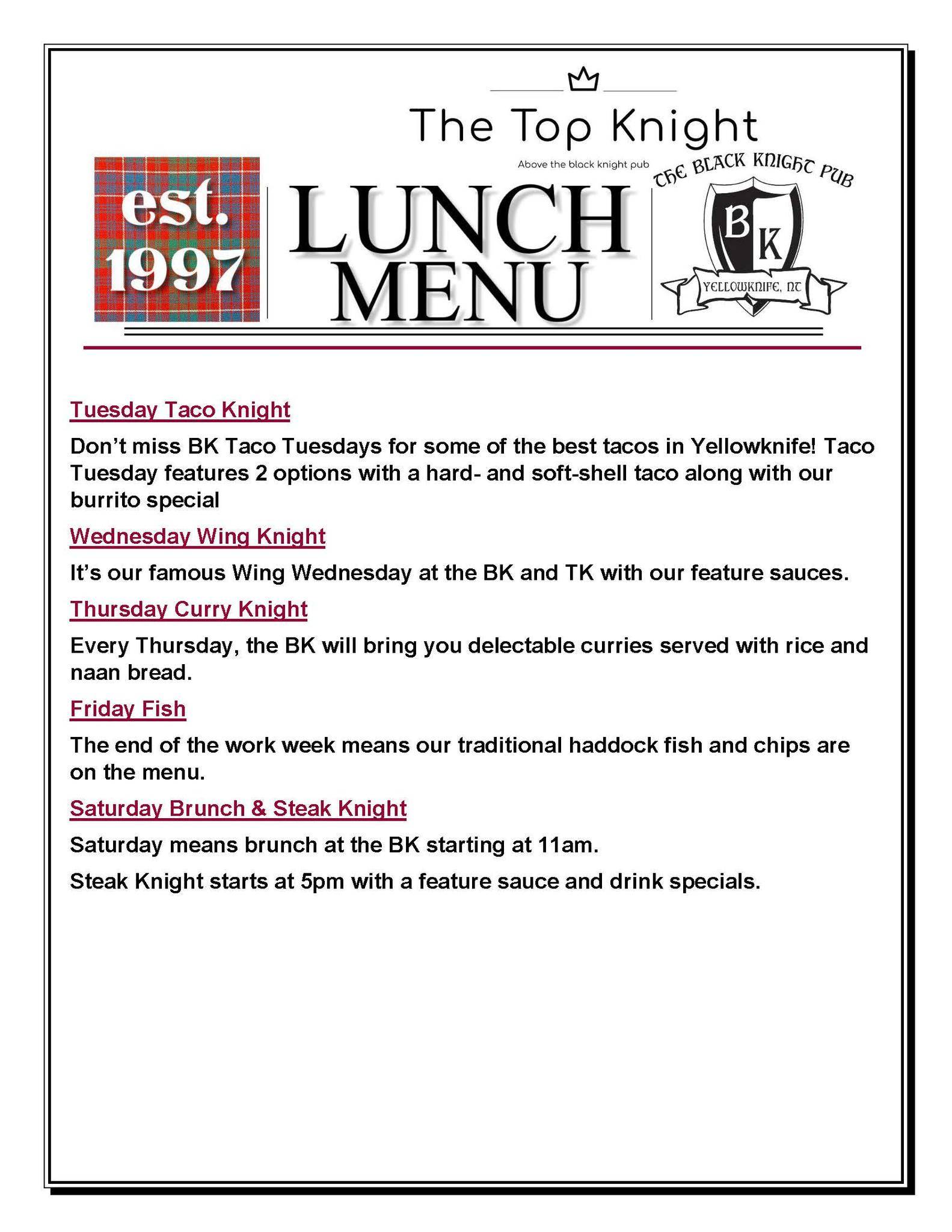 Menu at The Black Knight Pub, Yellowknife
