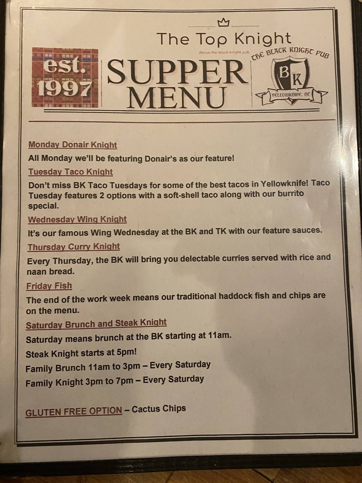 Menu at The Black Knight Pub, Yellowknife