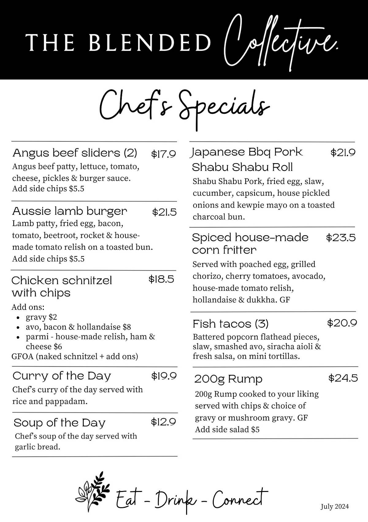 Menu at The Blended Collective Cafe, Cashmere