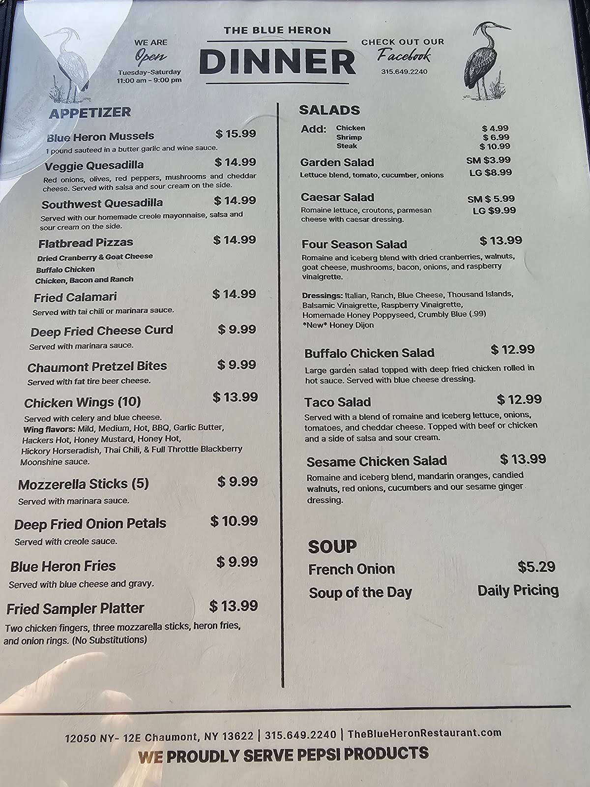 Menu at The Blue Heron pub & bar, Chaumont