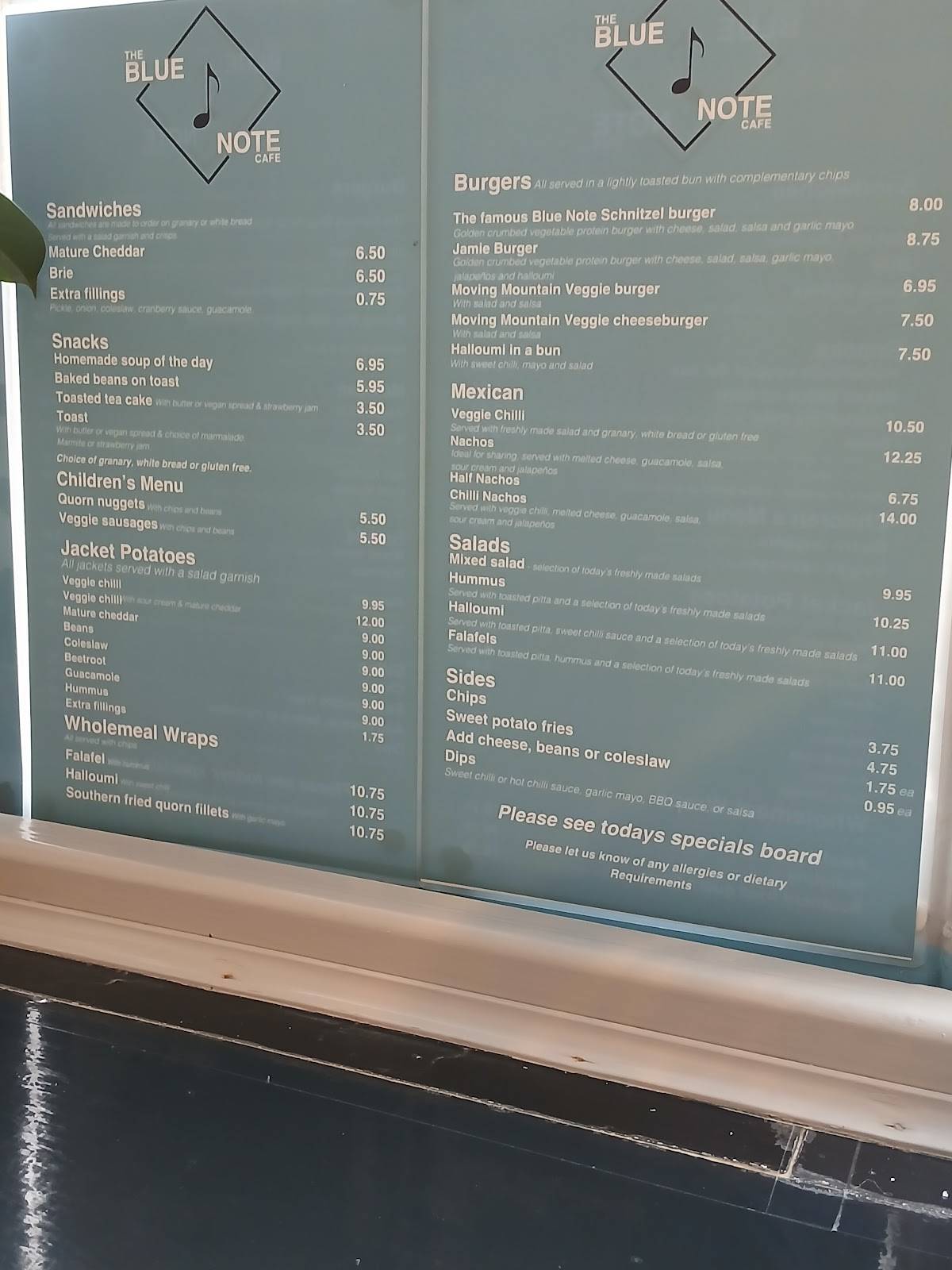 Menu at The Blue Note Cafe, Glastonbury
