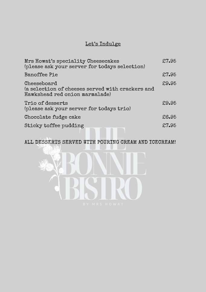 Menu at The Bonnie Bistro restaurant, Dumfries