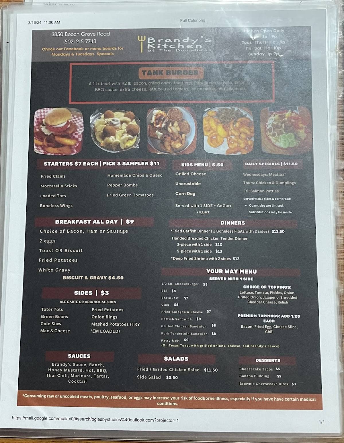 Menu at The Boondocks pub & bar, Shepherdsville, Beech Grv Rd