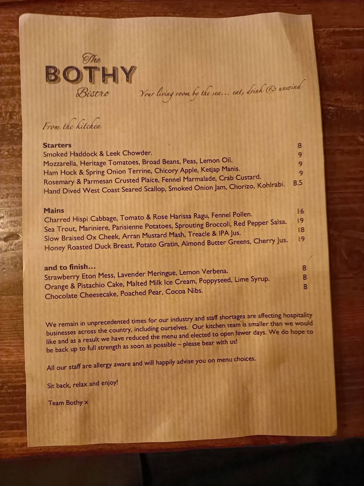 Menu at The Bothy Bistro cafe, Burghead