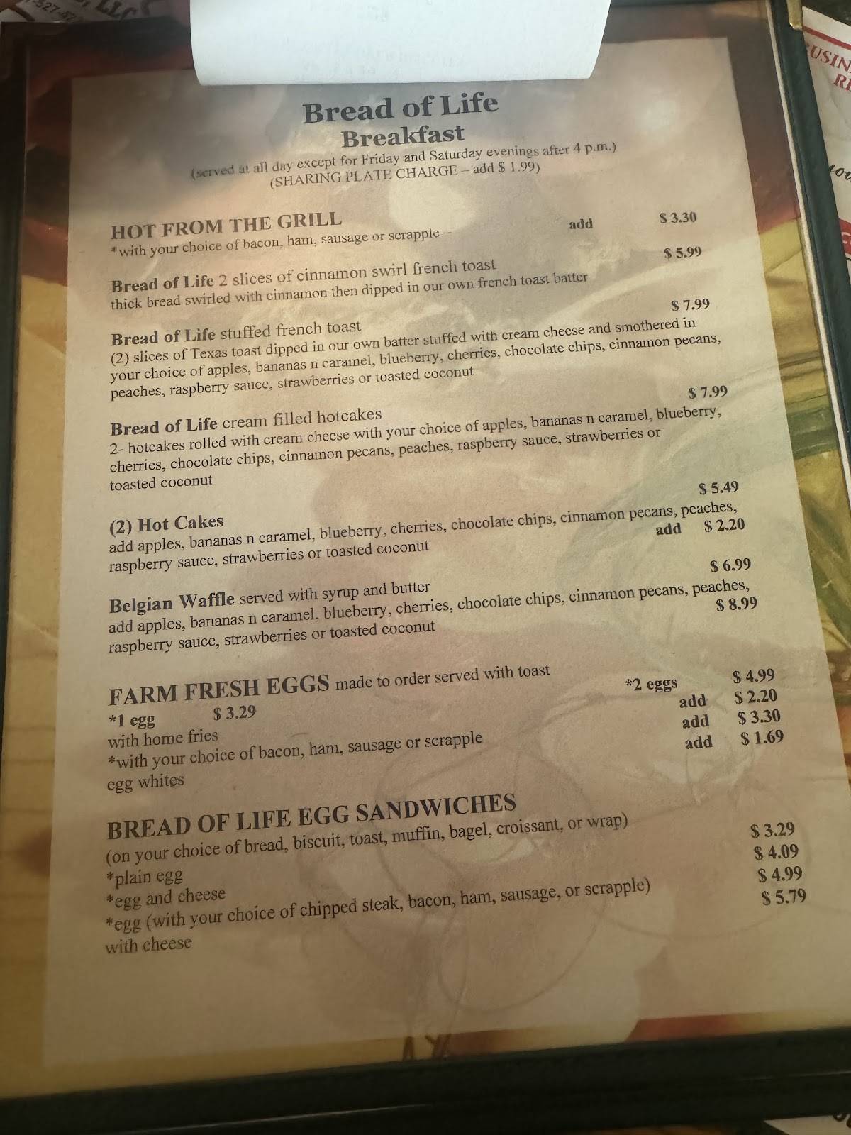 Menu at The Bread Of Life Restaurant, McAlisterville