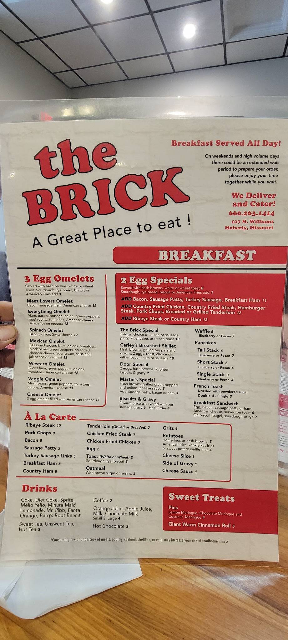 Menu at The Brick restaurant, Moberly