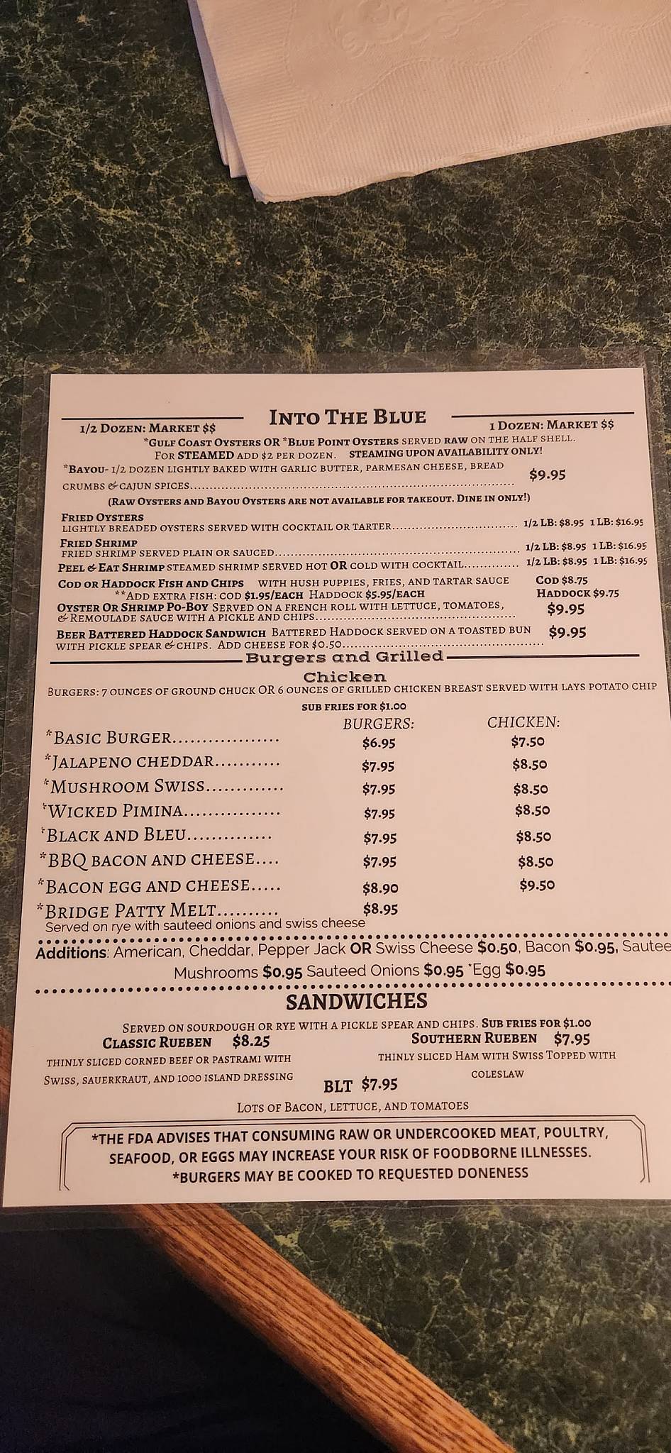 Menu at The Bridge Grill and Oyster Bar, Stockbridge
