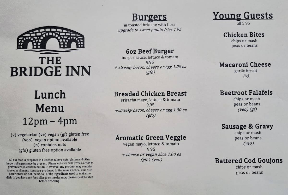 Menu at The Bridge Inn, Hope Valley pub & bar, Calver, Calver Bridge