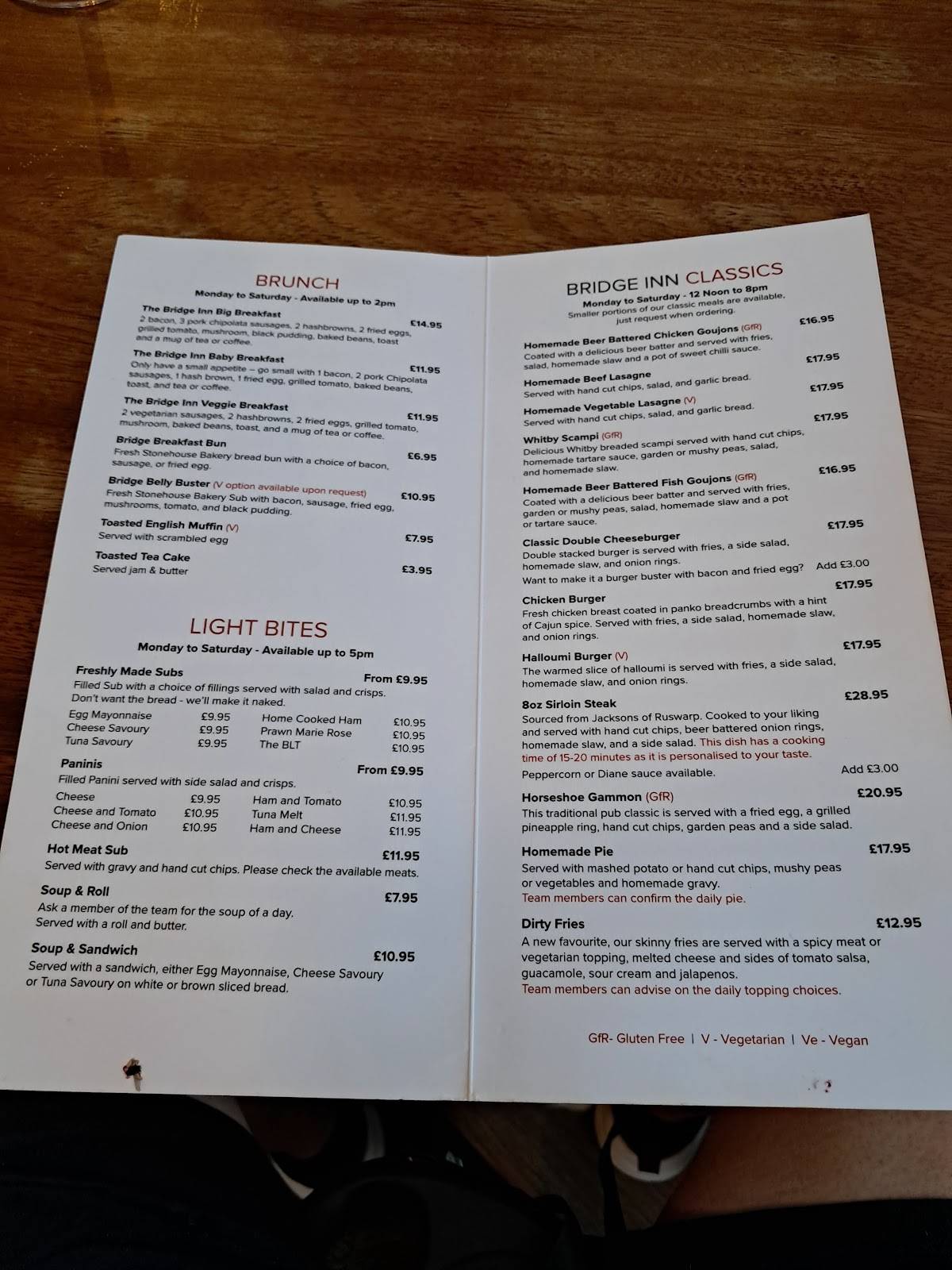 Menu at The Bridge Inn pub & bar, Whitby, High St