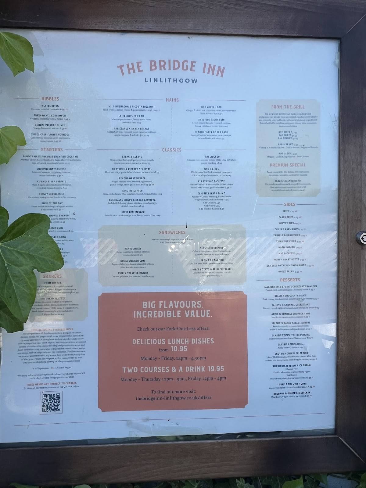 Menu at The Bridge Inn restaurant, Linlithgow