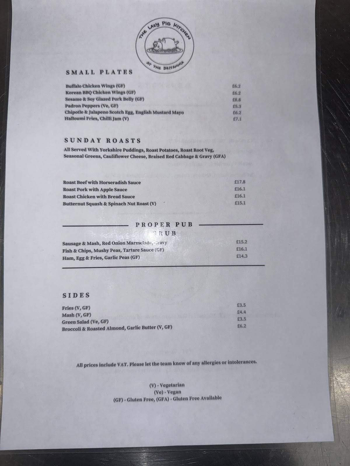Menu at The Britannia Inn pub & bar, Stroud