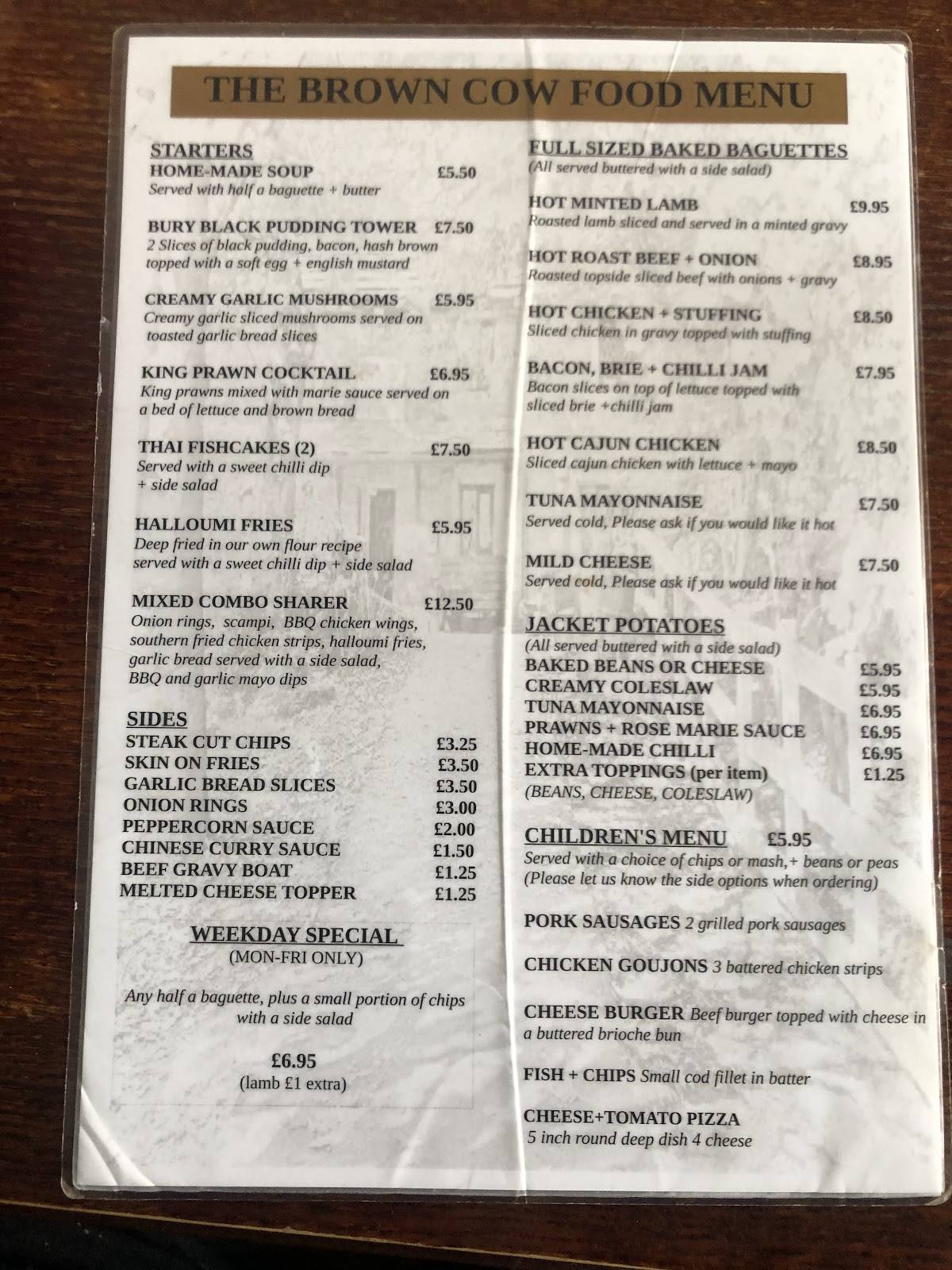 Menu at The Brown Cow pub & bar, Bury, Burrs Country Park