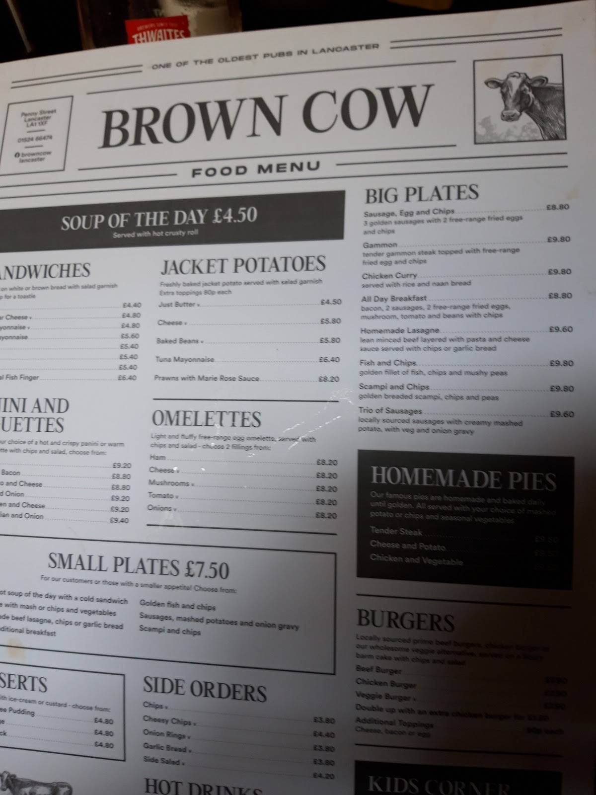 Menu at The Brown Cow pub & bar, Lancaster