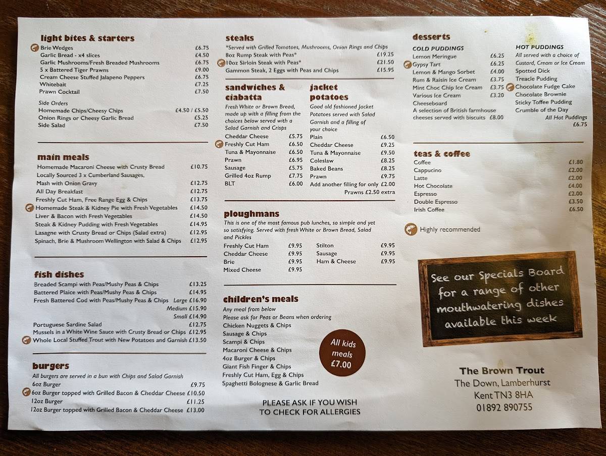 Menu at The Brown Trout pub & bar, Lamberhurst