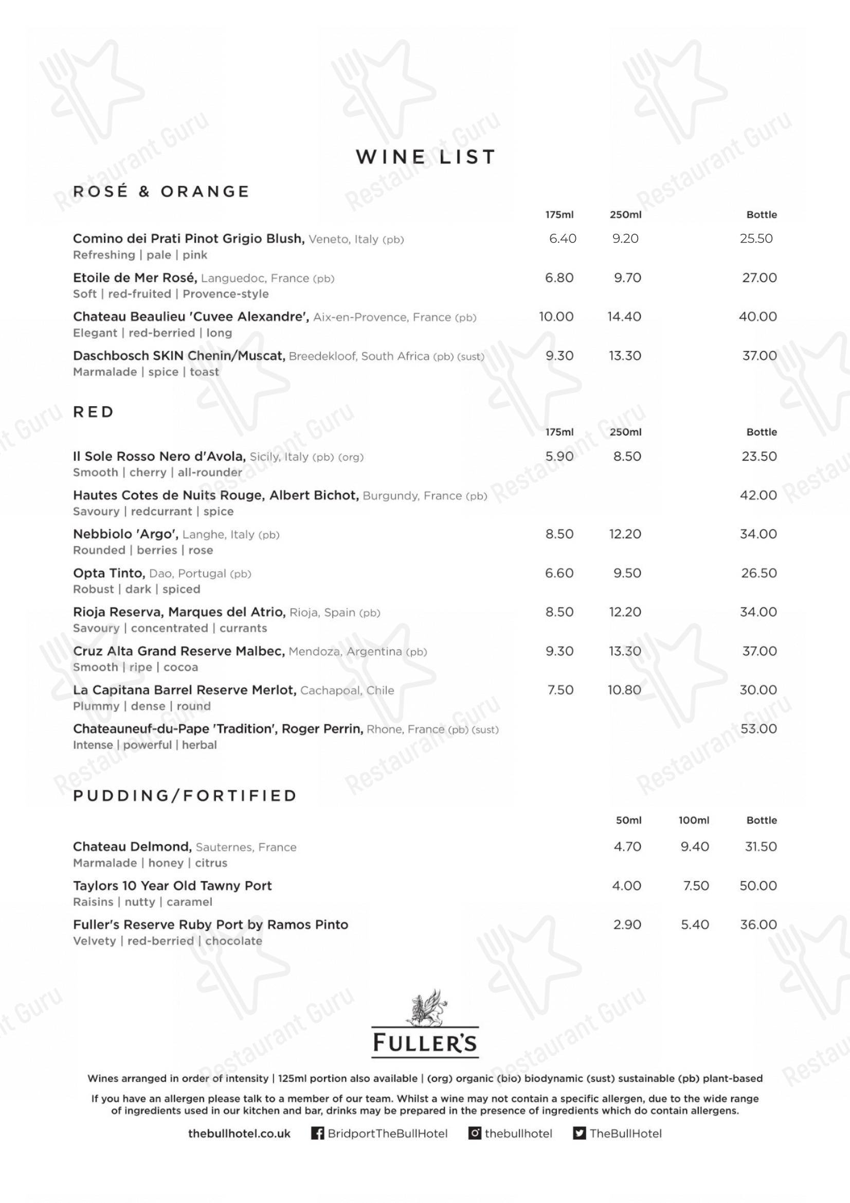 Menu at The Bull Hotel, Bridport restaurant, Bridport