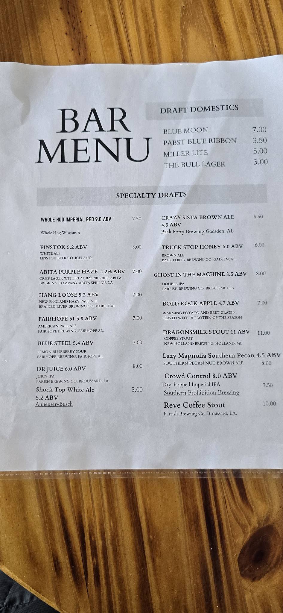 Menu at The Bull pub & bar, Spanish Fort