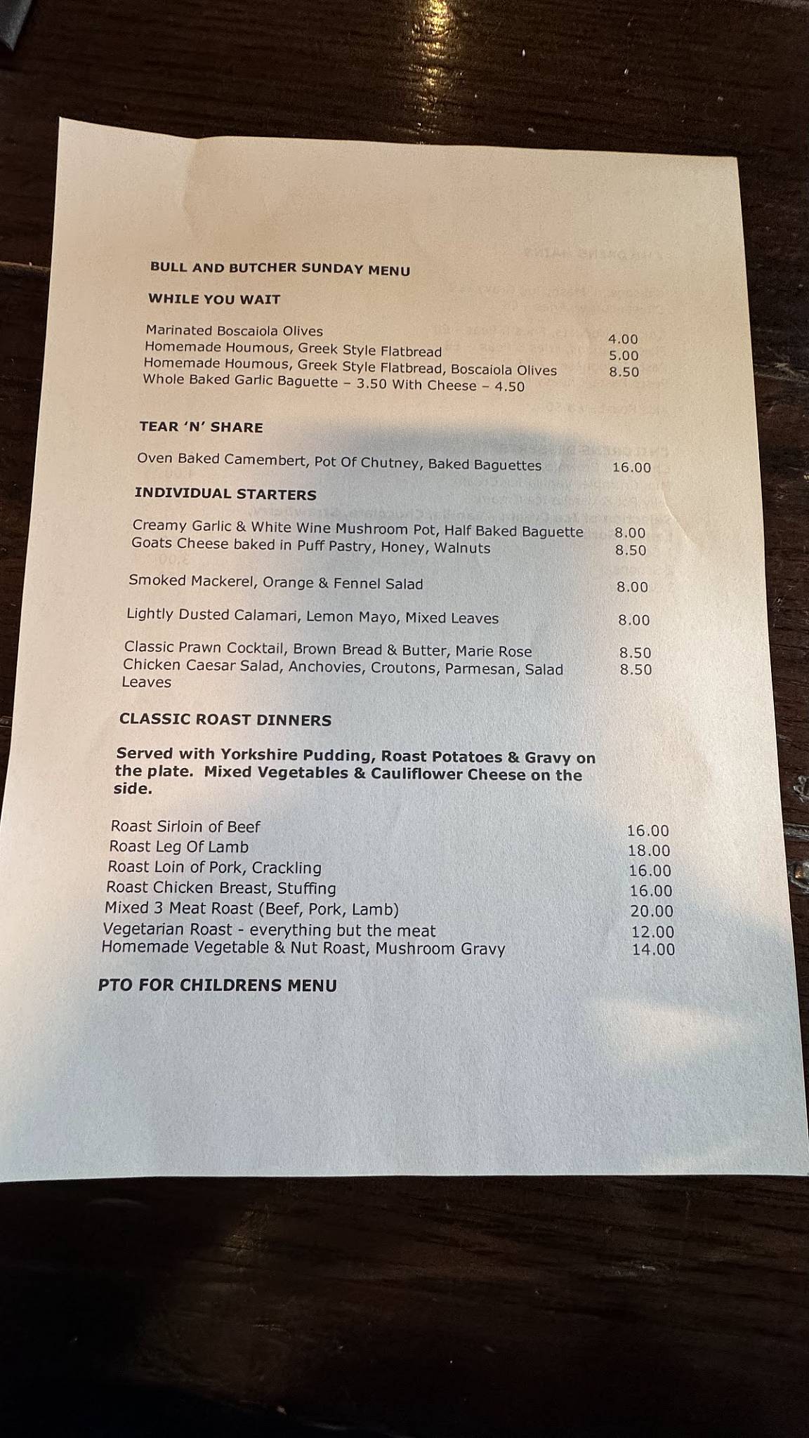 Menu at The Bull & Butcher pub & bar, Grendon Underwood