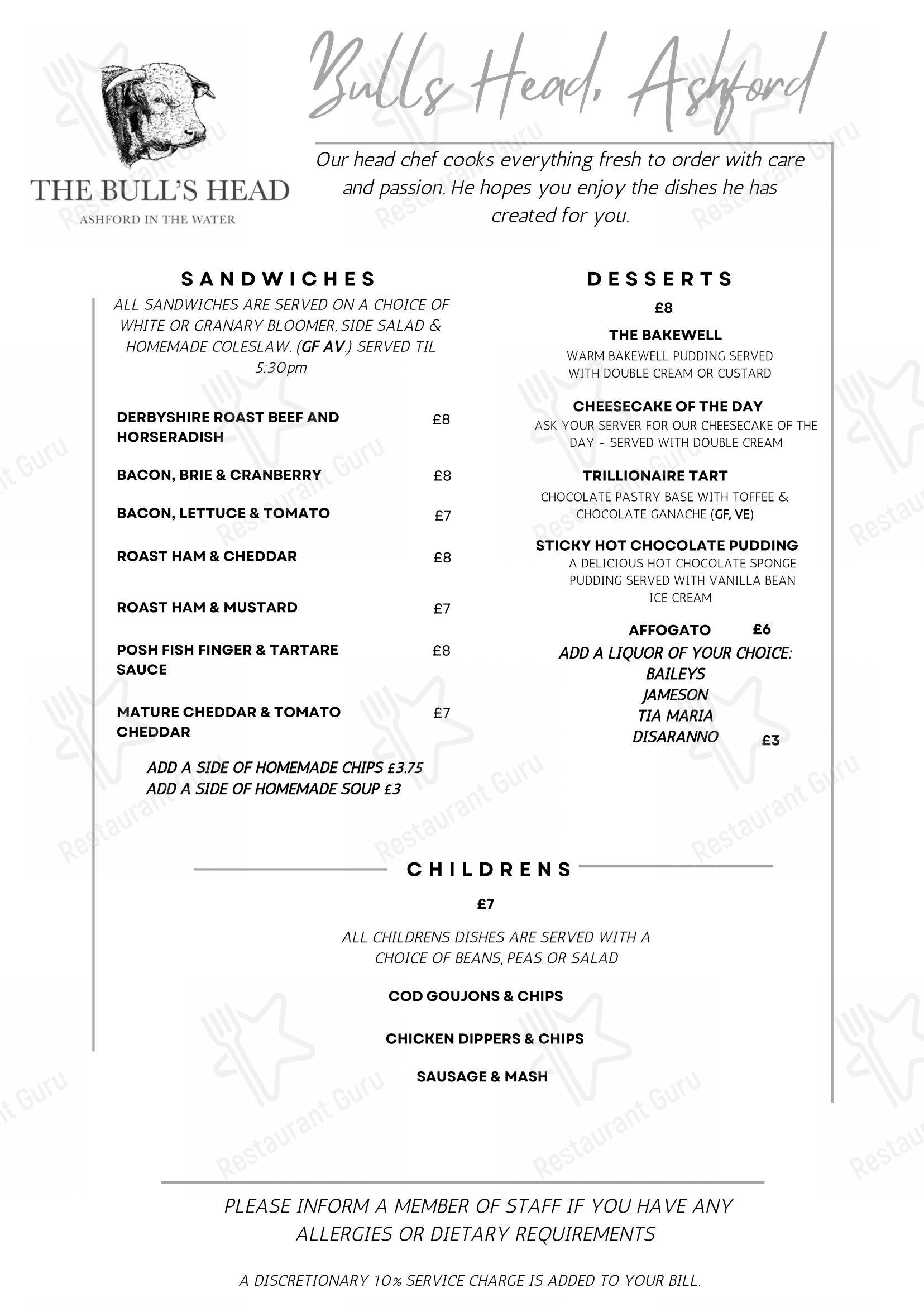 Menu at The Bulls Head, Ashford pub & bar, Bakewell