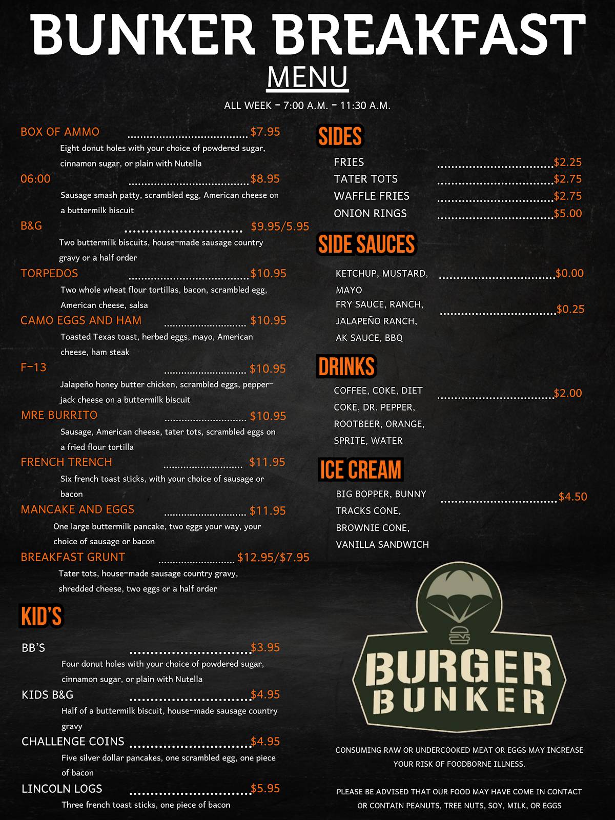 Carta de The Bunker Bar, Post Falls