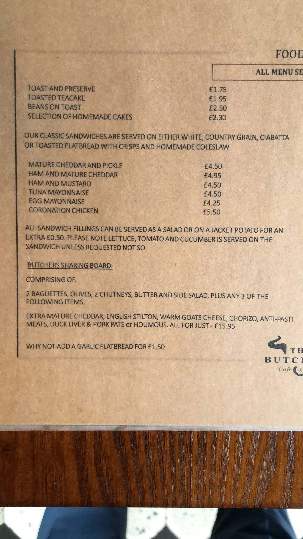 Menu at The Butchers cafe bar, Liverpool