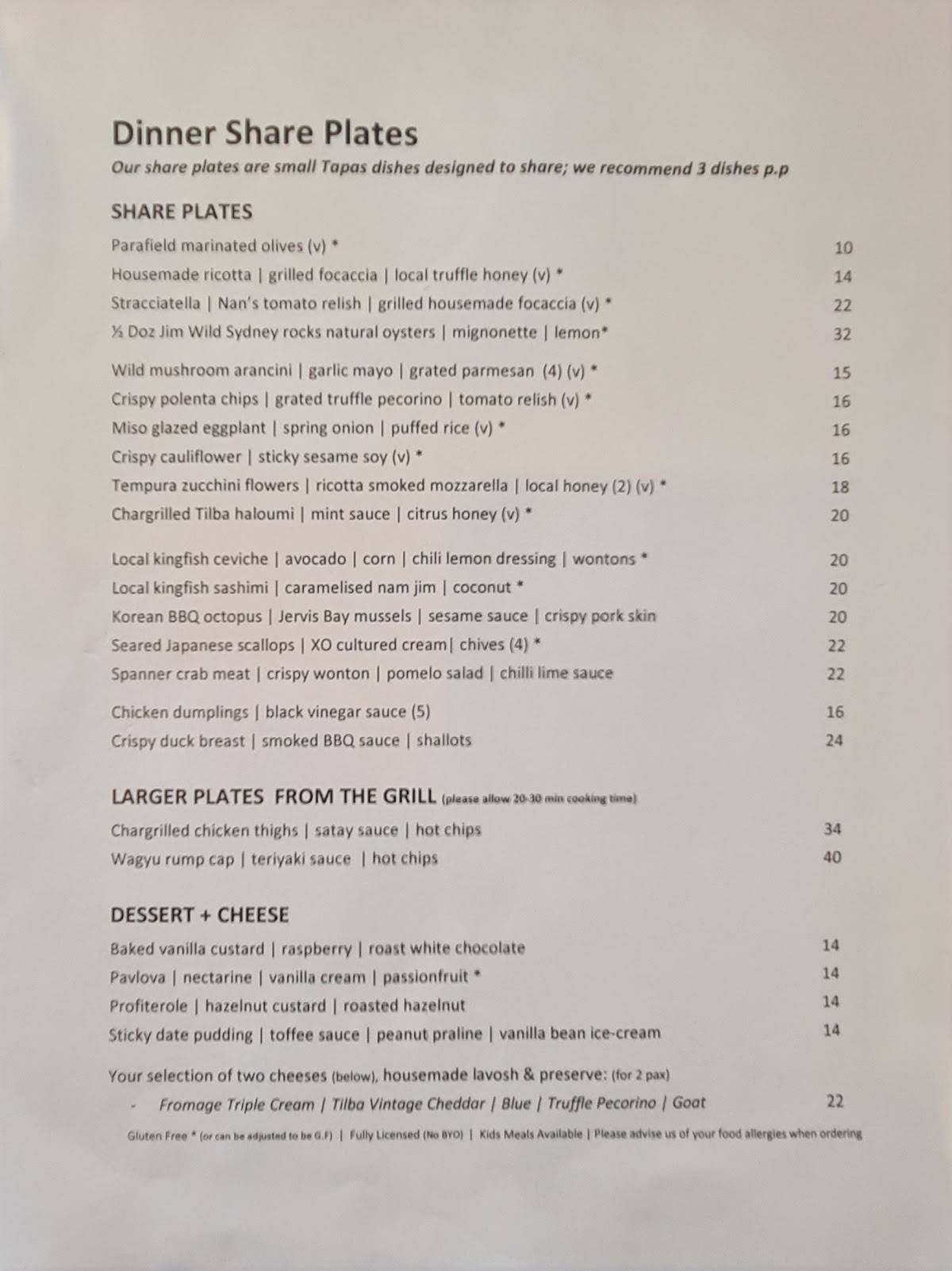 Menu at The Butter Factory Restaurant, Pyree