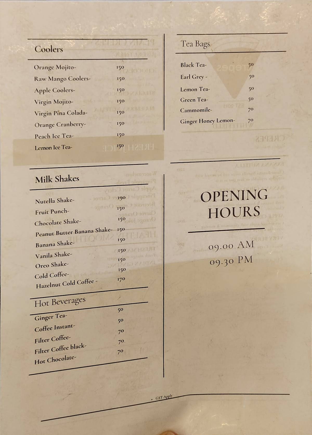 Menu at The Cafe- Lot Like Crepes, Bengaluru