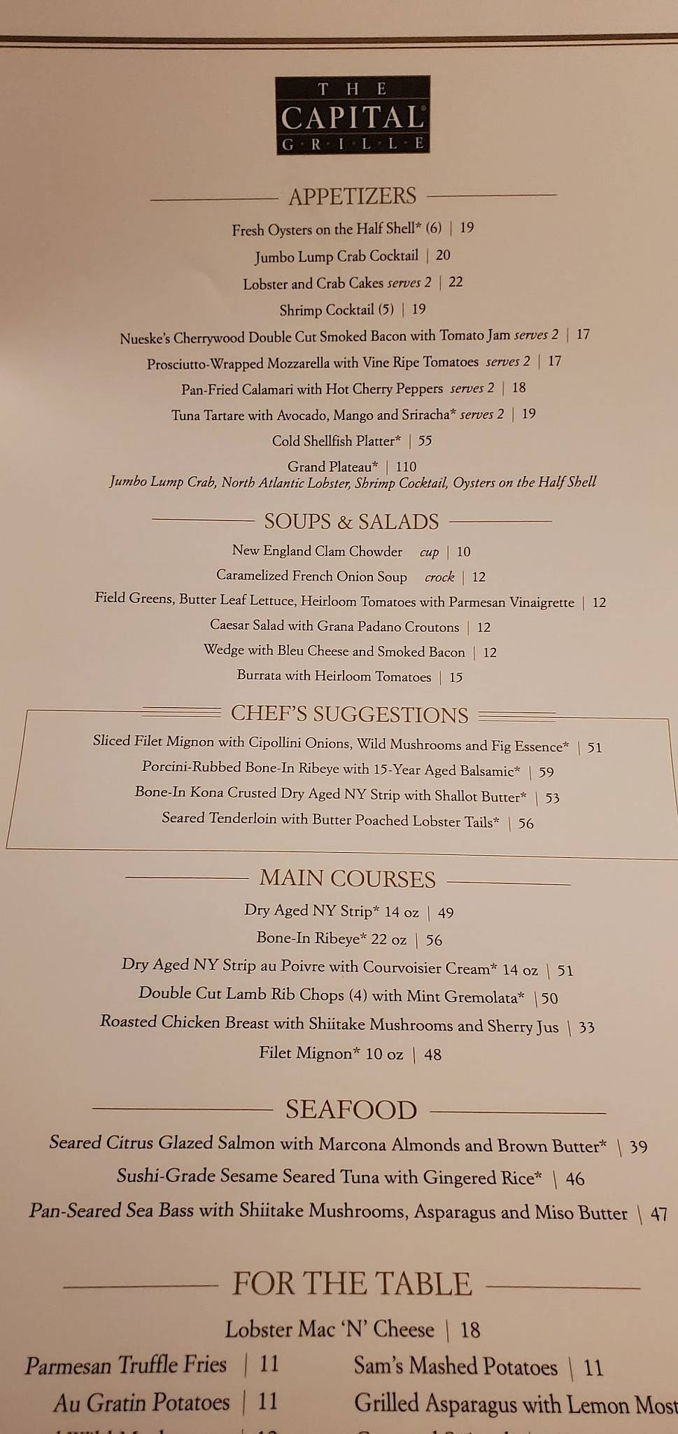 Menu at The Capital Grille pub & bar, Stamford, 230 Tresser Blvd
